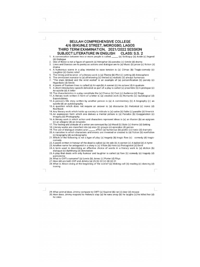 Literature in English ss2 Third Term | PDF