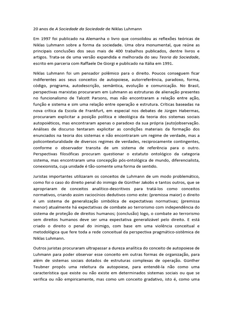 20 Anos de "A Sociedade" de Luhmann | PDF | Comunicação | Estado