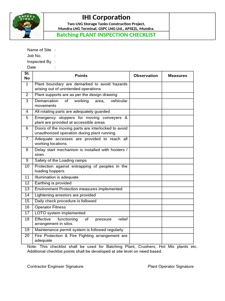 Batching Plant Inspection Checklist | PDF