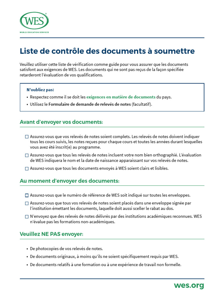 Liste de vérification WES en français | PDF