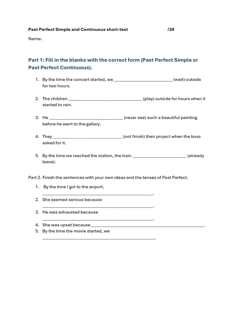 Past Perfect Short-Test | PDF | Perfect (Grammar) | Linguistics