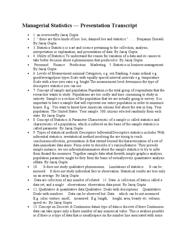 Managerial Statistics | PDF | Level Of Measurement | Statistics
