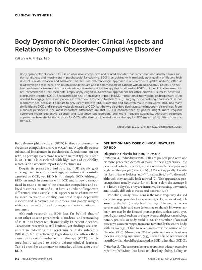 Body Dysmorphic Disorder Clinical Aspects and Relationship To Obsessive ...