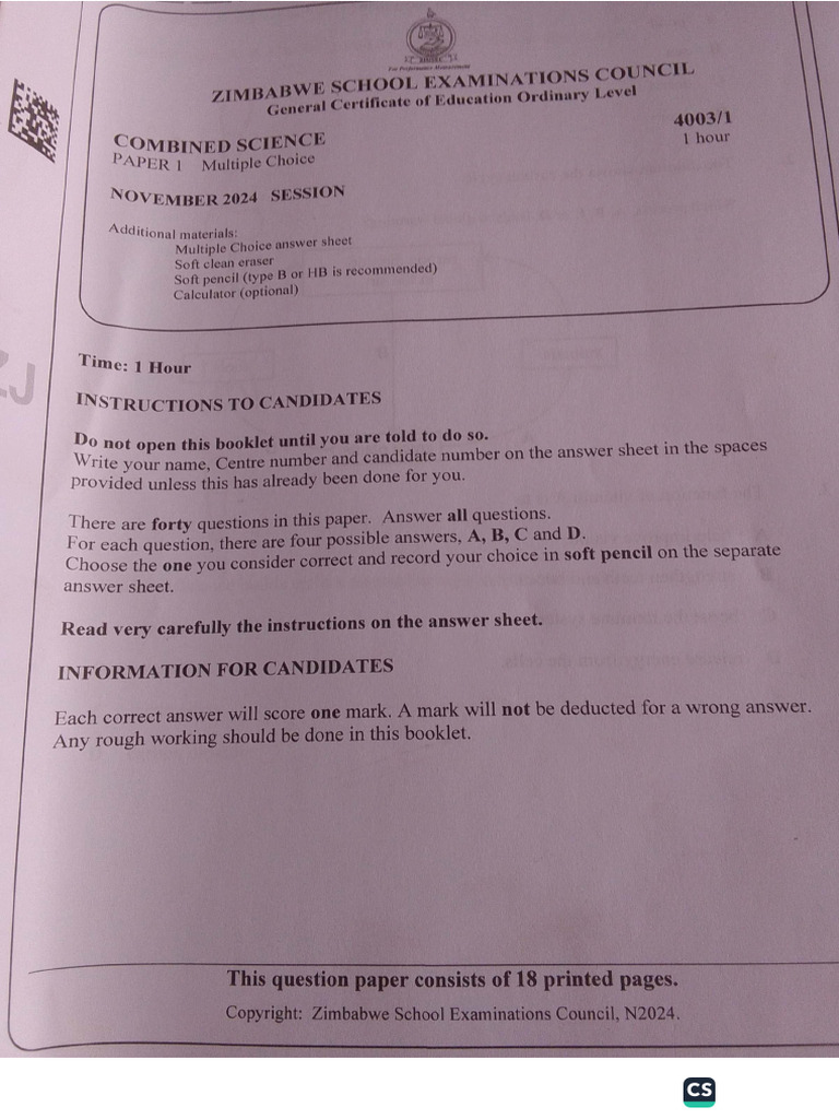 Combined Science November 2024 Paper 1,2 &3 | PDF