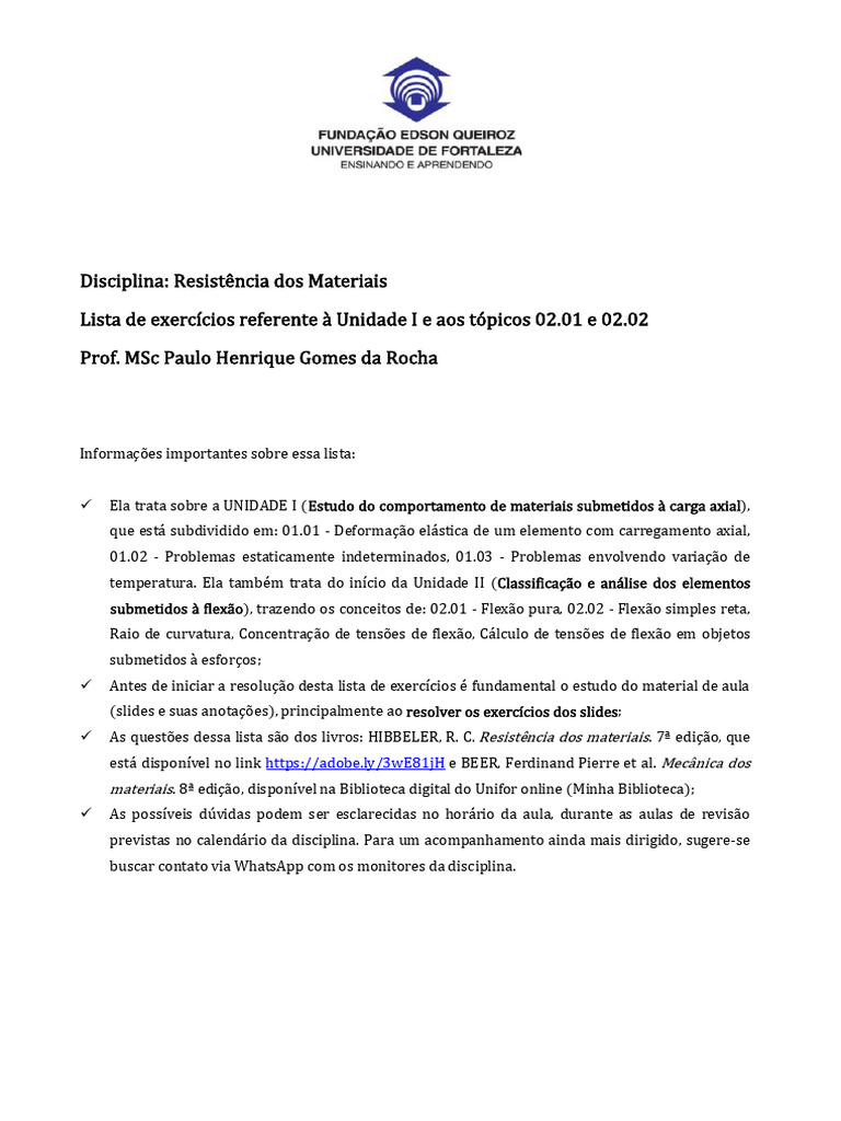 Res_Mat_Lista_Exercicios_AV1 | PDF | Estresse (Mecânica) | Flexão (Física)