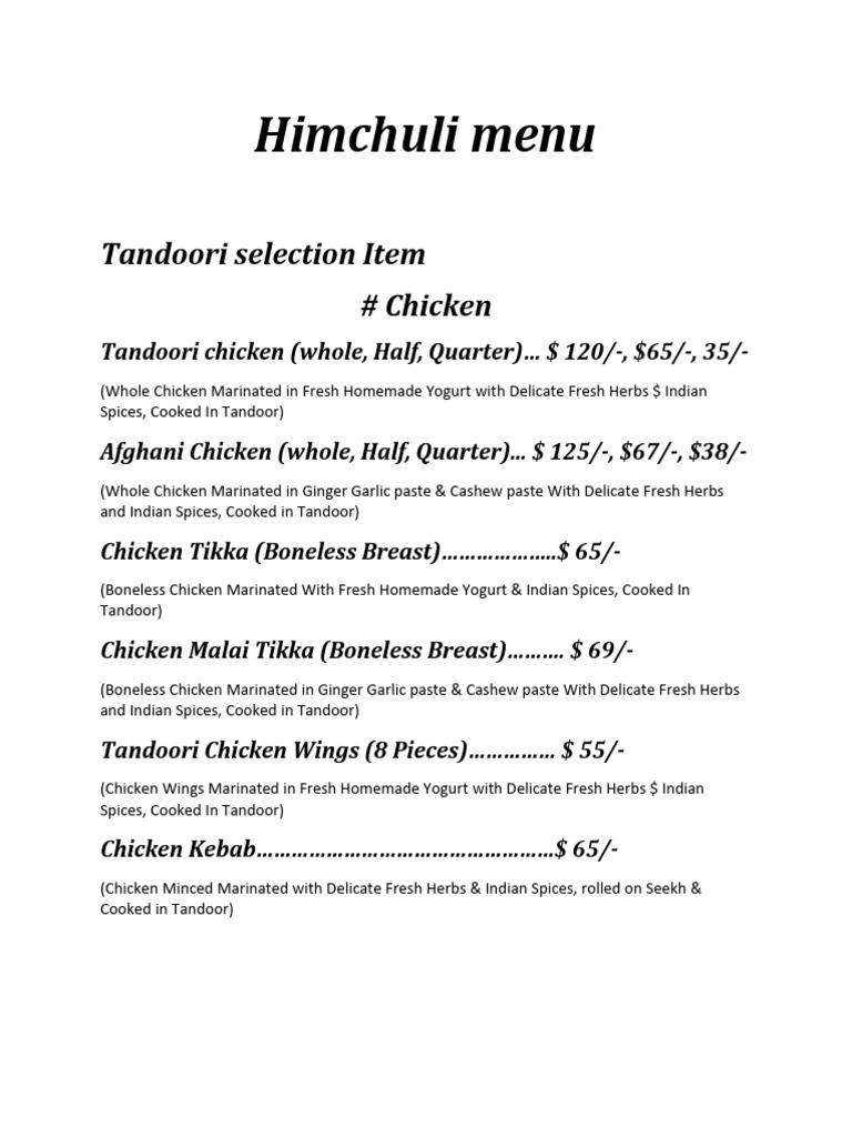 Himchuli Restaurant Trinidad Menu | PDF | Indian Cuisine | Curry