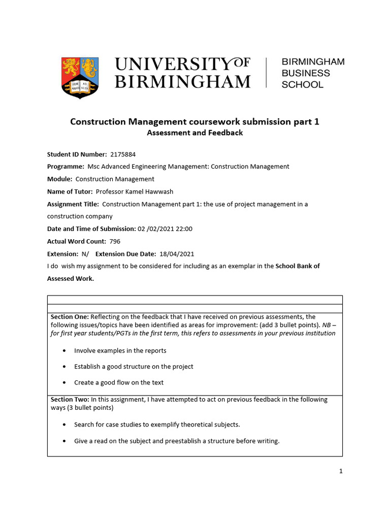 Construction Management Coursework FINAL Submission Part 1 | PDF ...