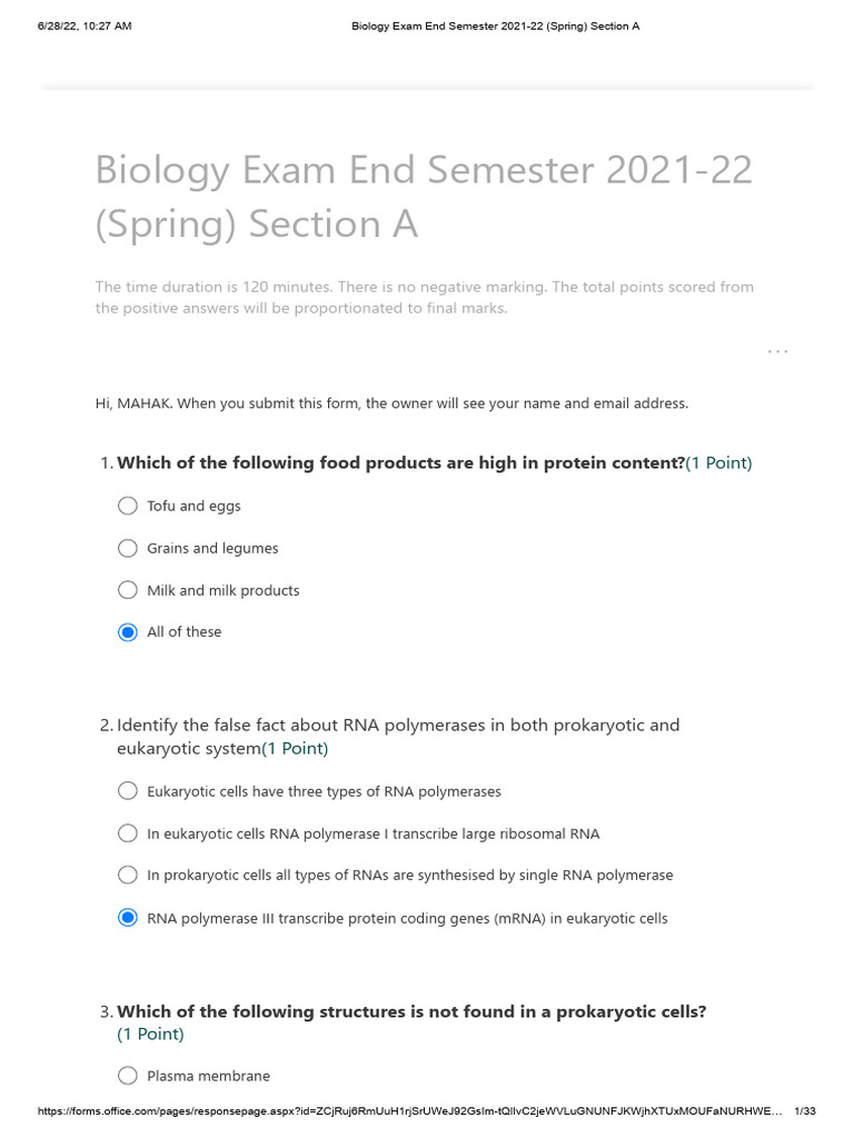 Biology Exam End Semester 2021-22 (Spring) Section a My Solution | PDF ...