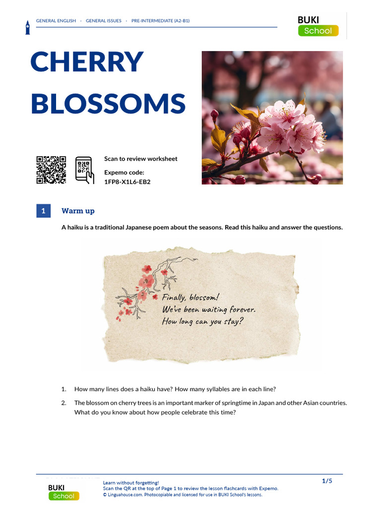 Cherry Blossoms British English Teacher A2 B1 | PDF | Linguistics