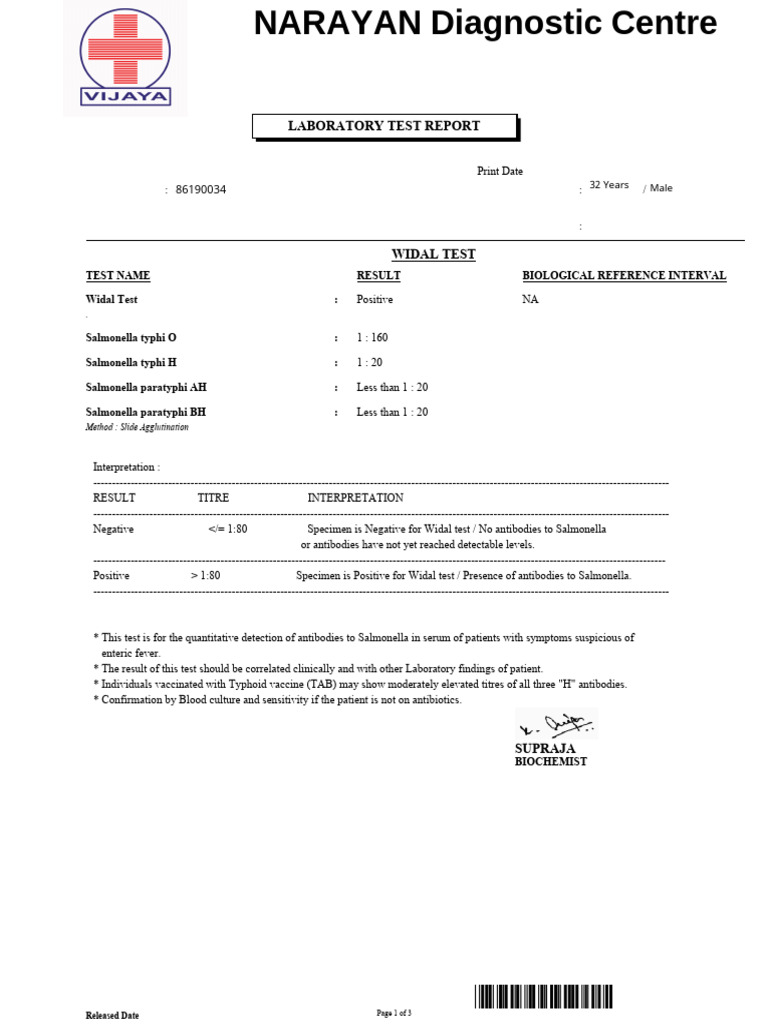 Positive Typhoid Widal Test Report | PDF | White Blood Cell | Body Fluids