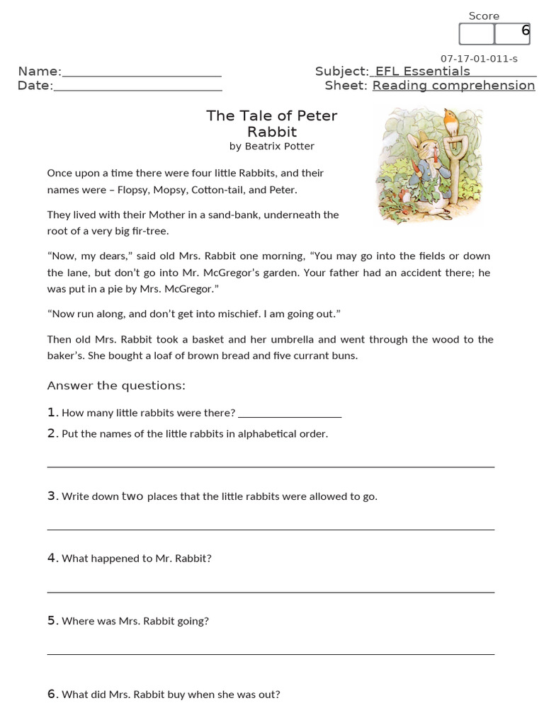 Reading Comprehension The Tale of Peter Rabbit Reading Comprehension ...