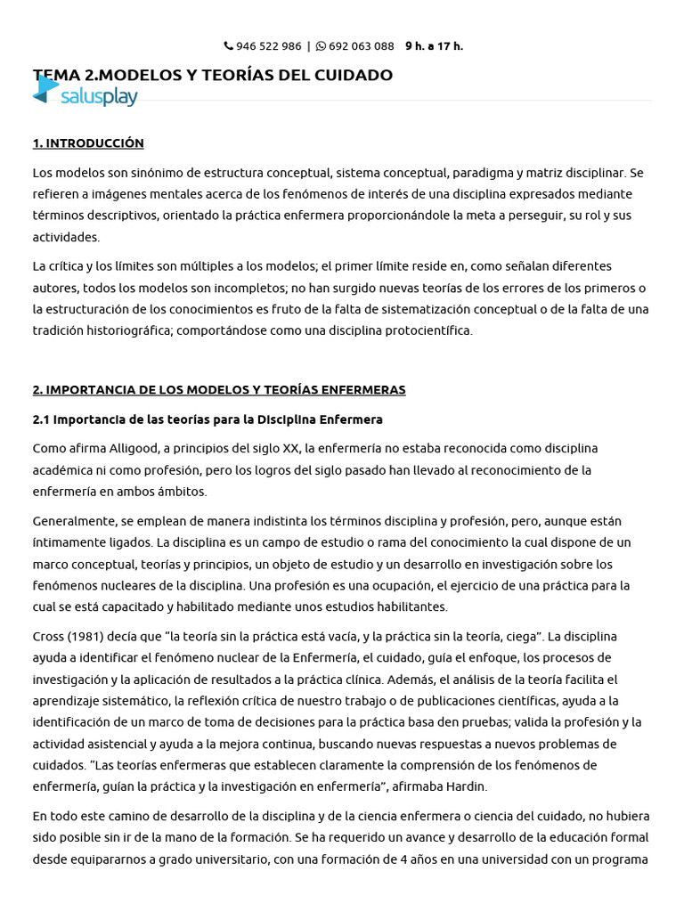 TEMA 2.MODELOS Y TEORÍAS DEL CUIDADO | PDF | Enfermería | Teoría