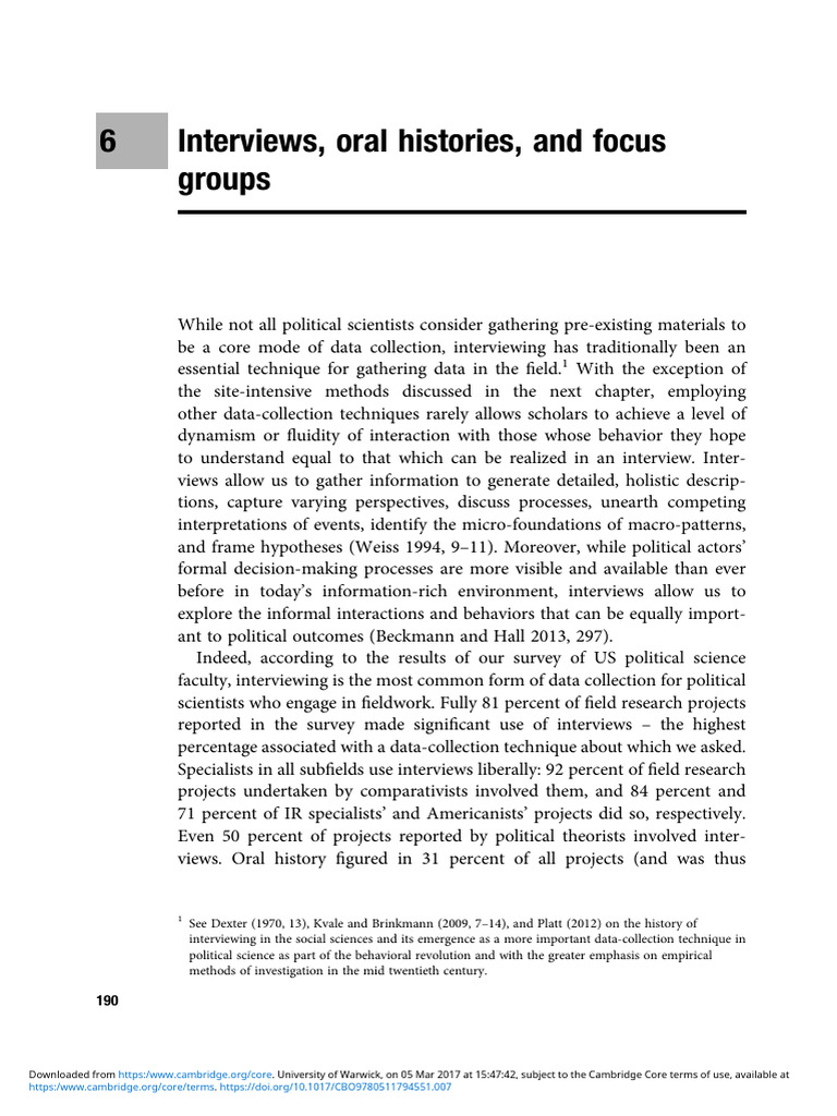 Kapiszewski Et Al - Interviews, Oral Histories, and Focus Groups | PDF | Oral History | Focus Group