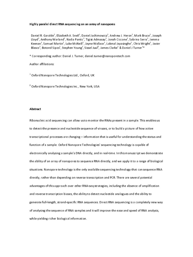 Highly Parallel Direct RNA Sequencing On An Array of Nanopores | PDF ...