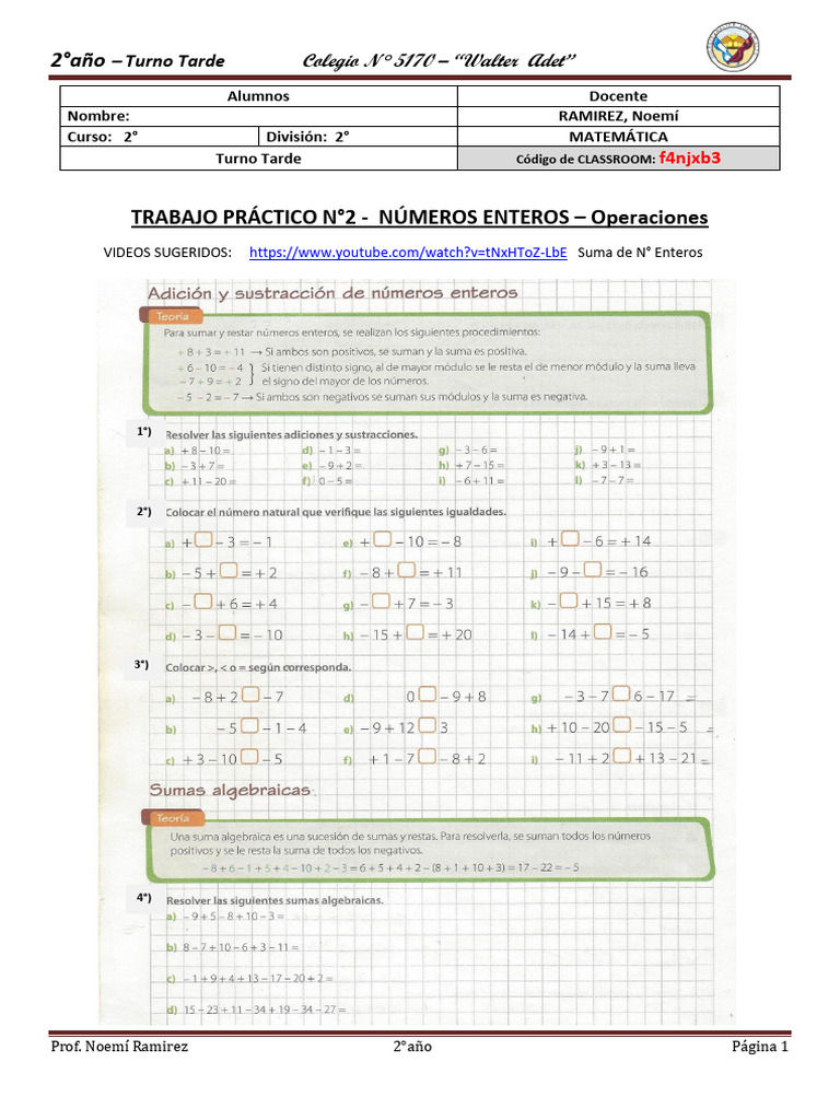 TP2 - N°ENTEROS 2°2°-Suma y Resta (Revisión) - 2021 | PDF