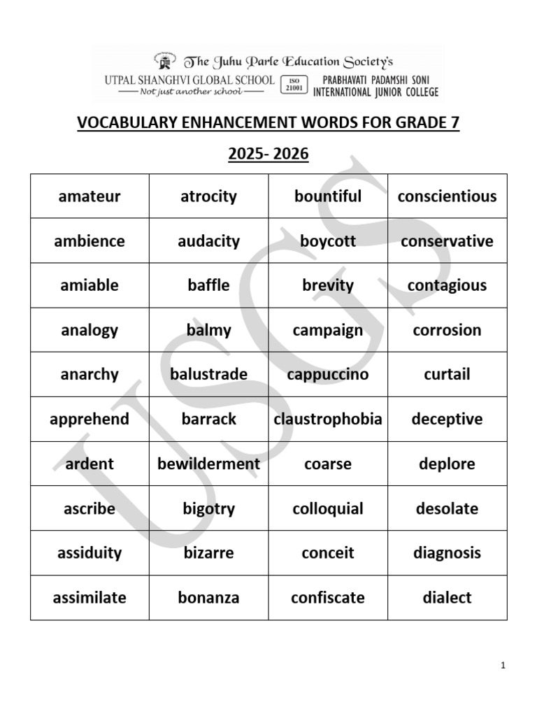 Grade 7 Vocabulary Enhancement List | PDF