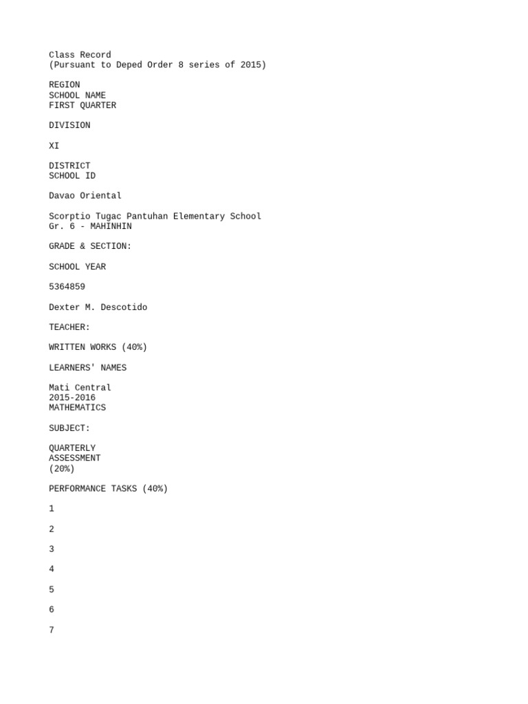 Sample DepEd Mathematics Class Record | PDF | Mathematics | Science
