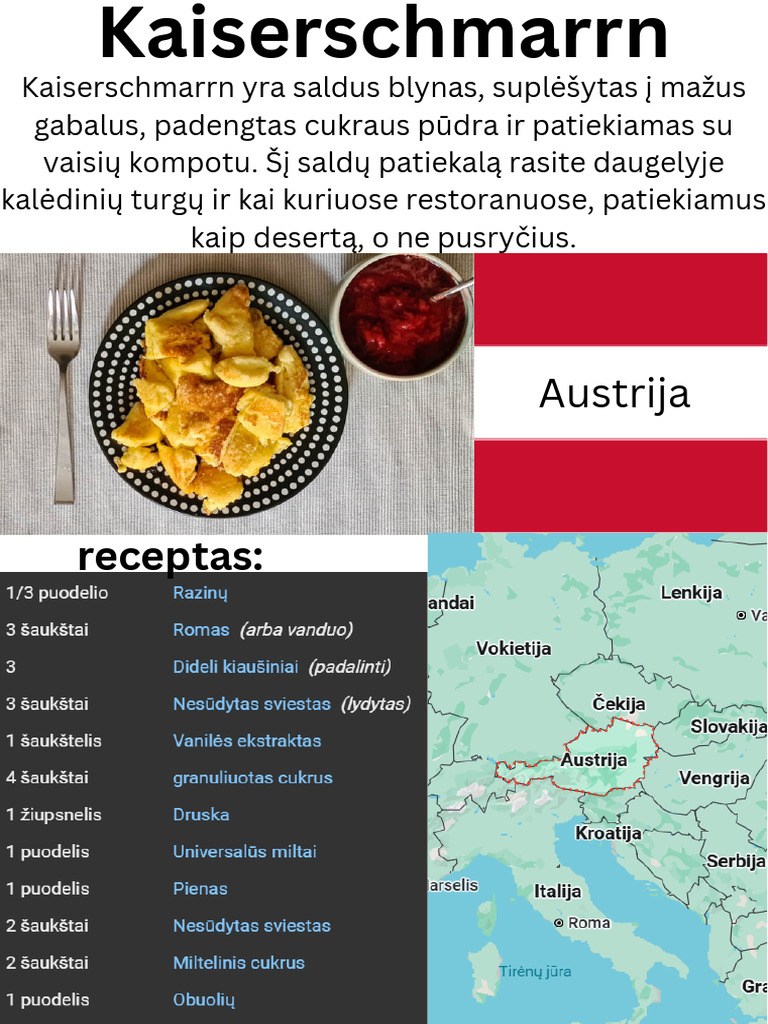 Kaiserschmarrn yra saldus pūkuotas blynas, suplėšytas į mažus gabalus ...