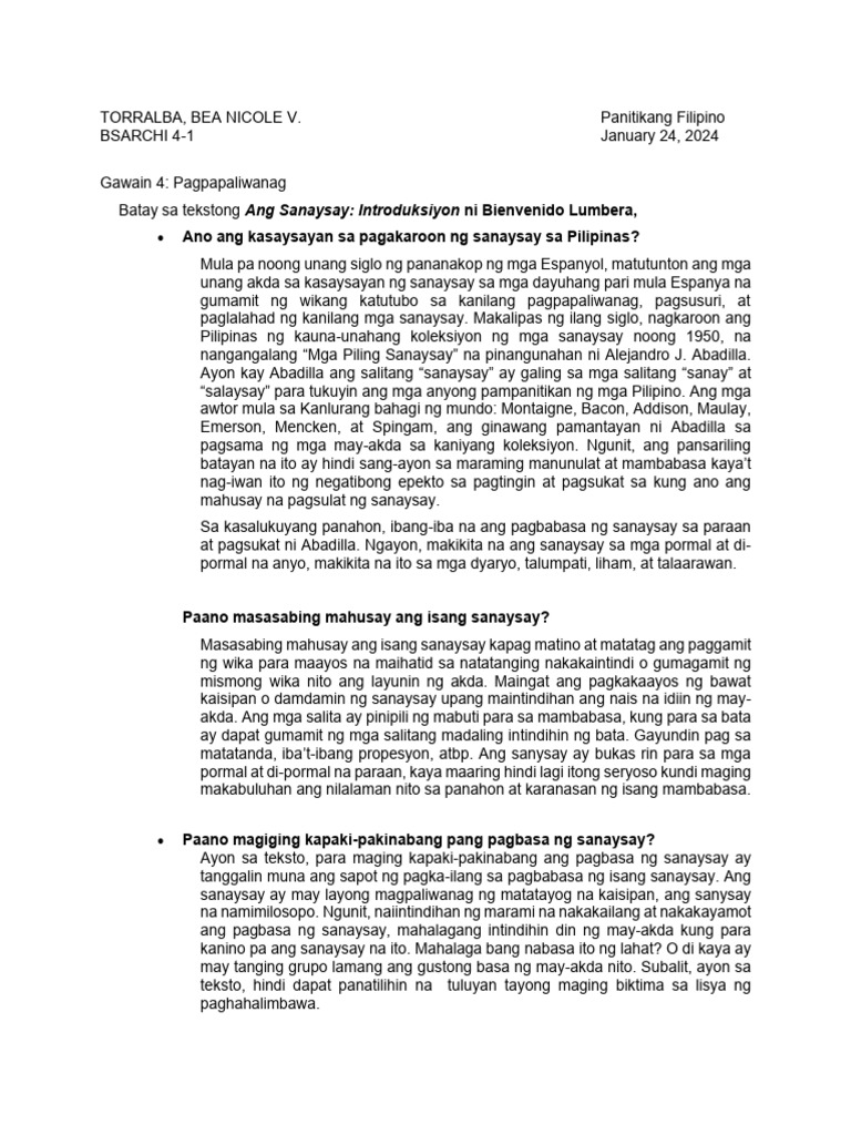 Panitikang Filipino - Gawain 4_TORRALBA | PDF