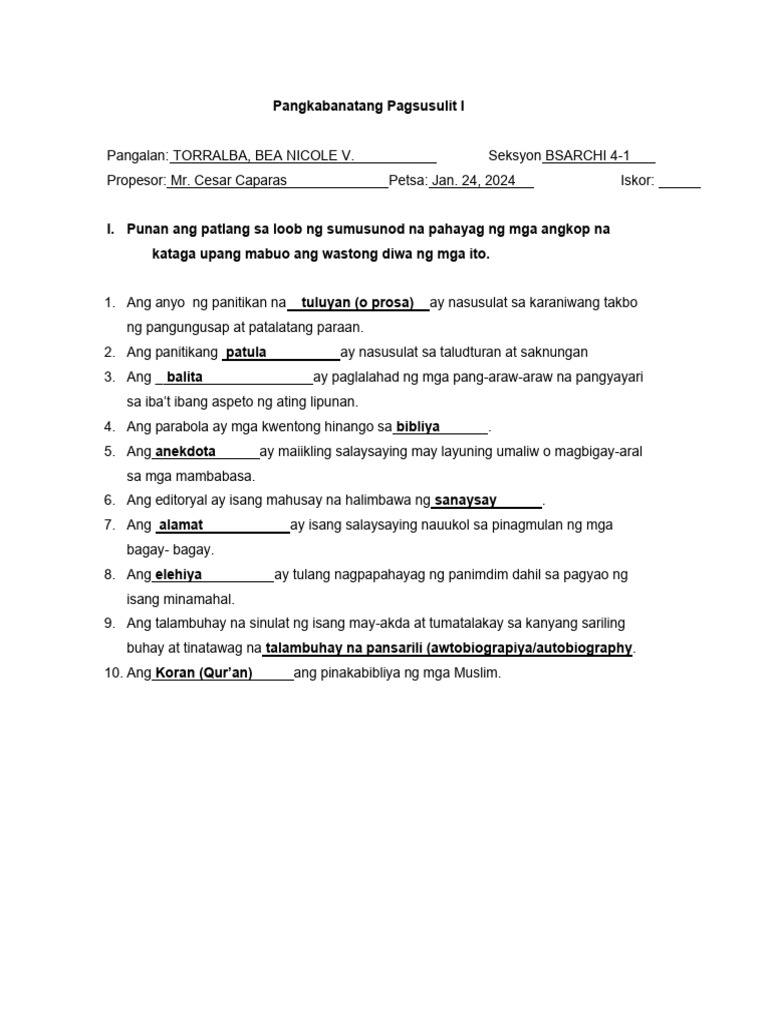 Panitikang Filipino - Pinal Na Pagsusulit - TORRALBA | PDF