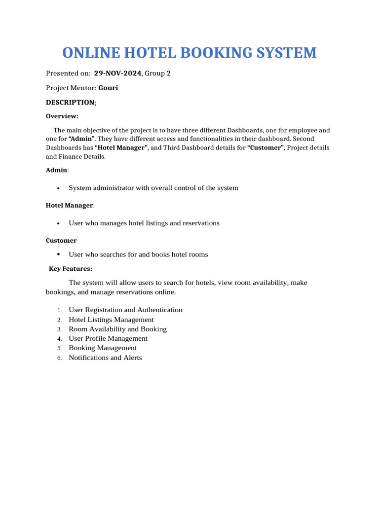 Online Hotel Booking System Document Outline | PDF