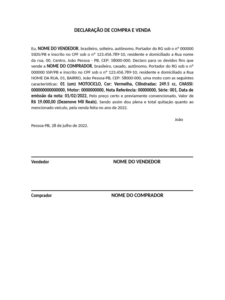 DECLARAÇÃO DE COMPRA E VENDA - @saviomotovlog | PDF