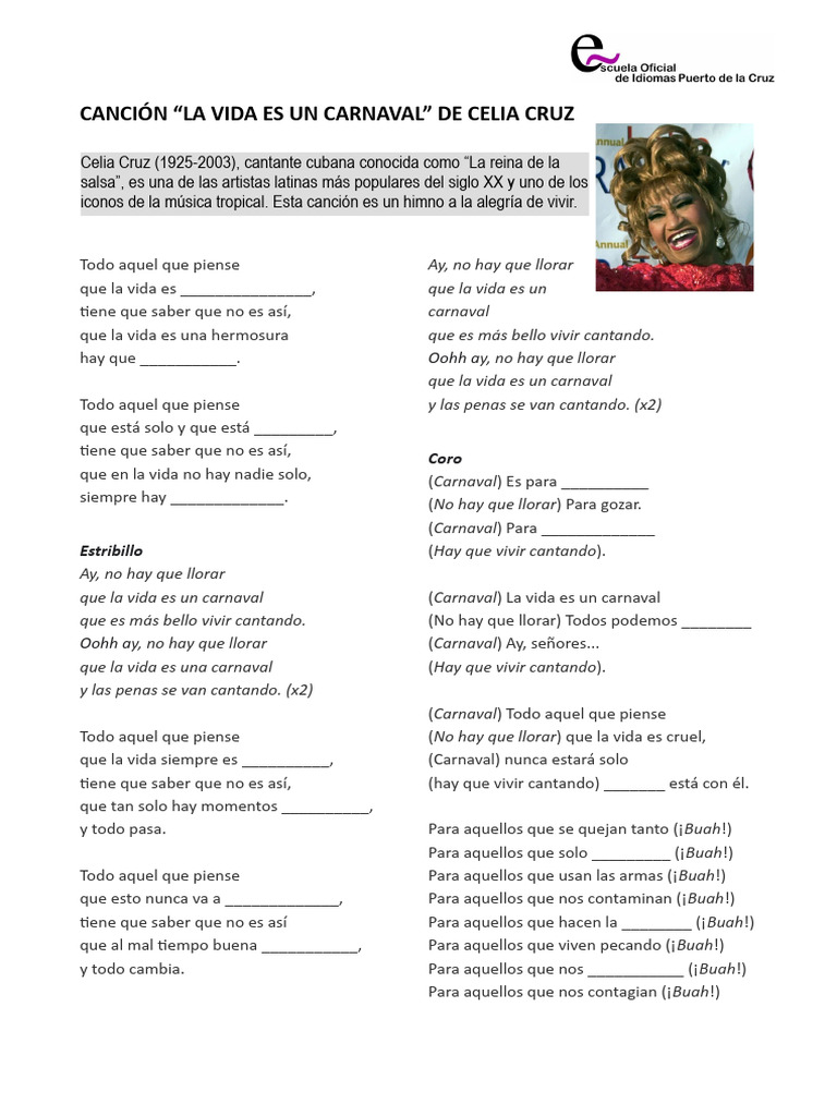 Canción Celia Cruz La vida es un carnaval | PDF | Musica Popular
