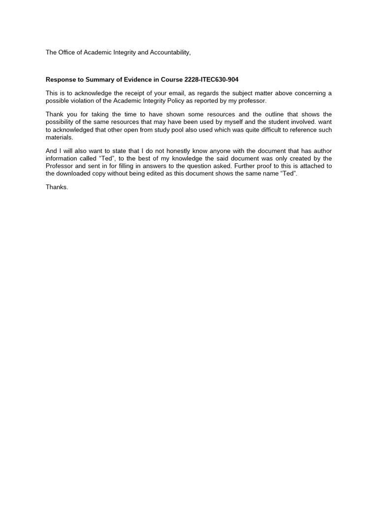 Academic Integrity Response for ITEC630 | PDF