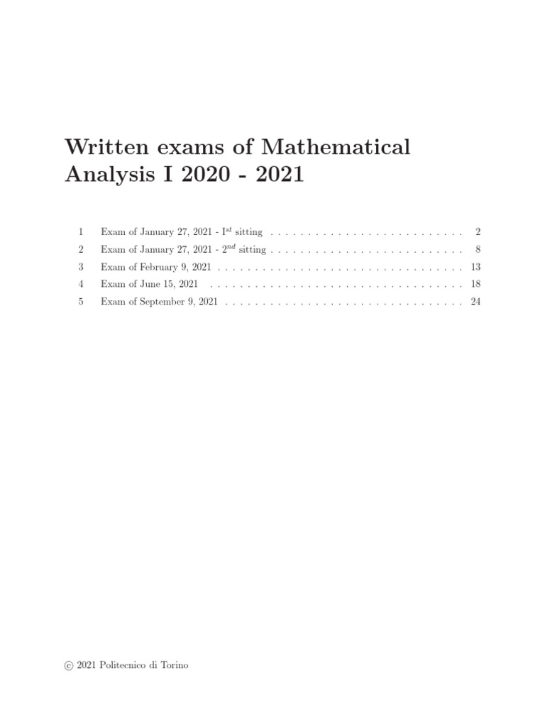 Written Exams of Mathematical Analysis I 2020 - 2021: ST ND | PDF ...