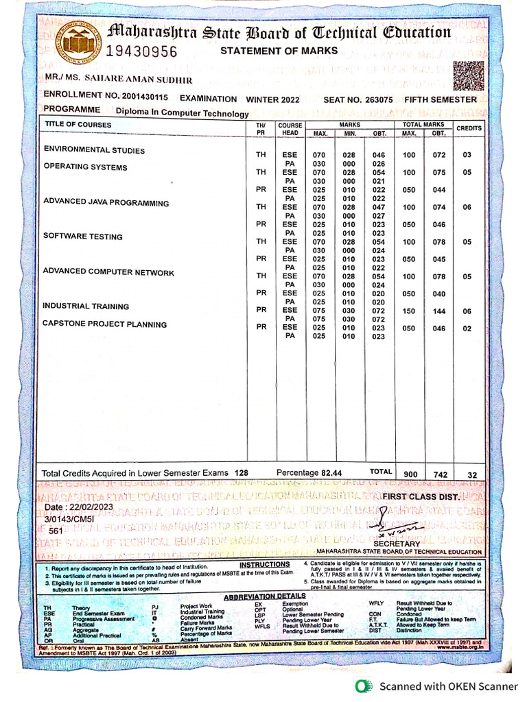 3rd Yr Marksheet | PDF