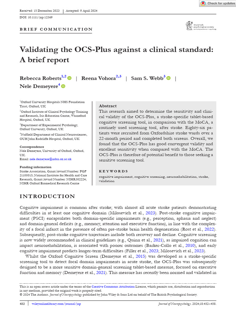 Validating The OCS Plus Against A Clinical Standard A Brief Report ...