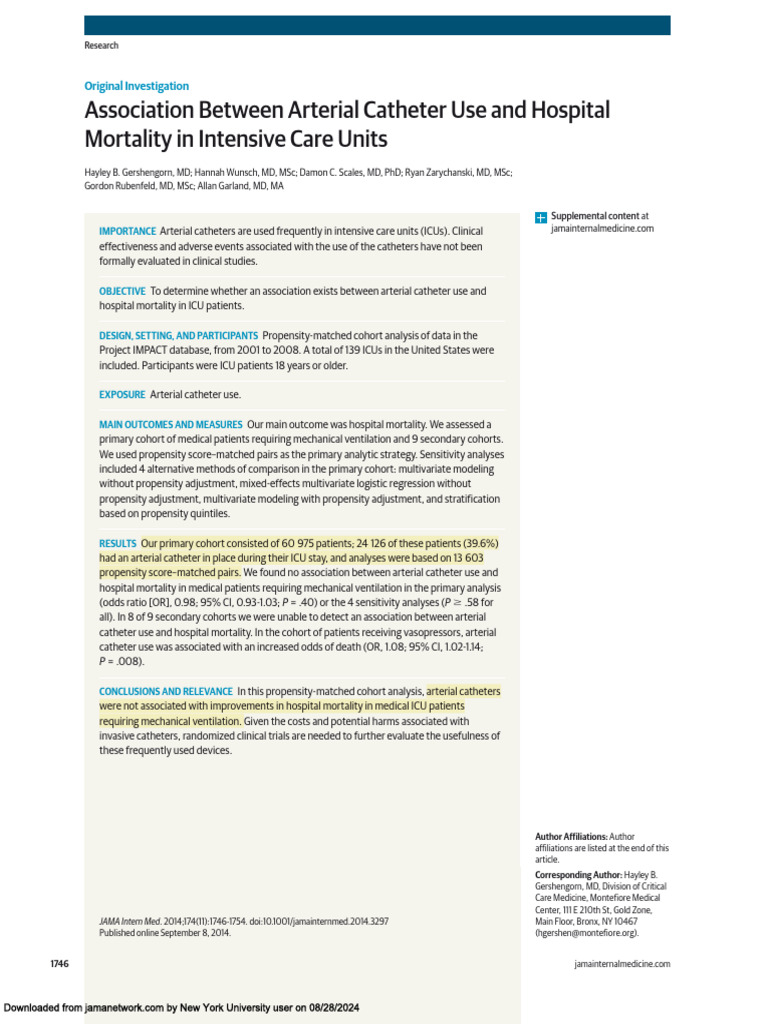 Arterial Lines - No Difference in Outcomes | PDF | Intensive Care Unit ...