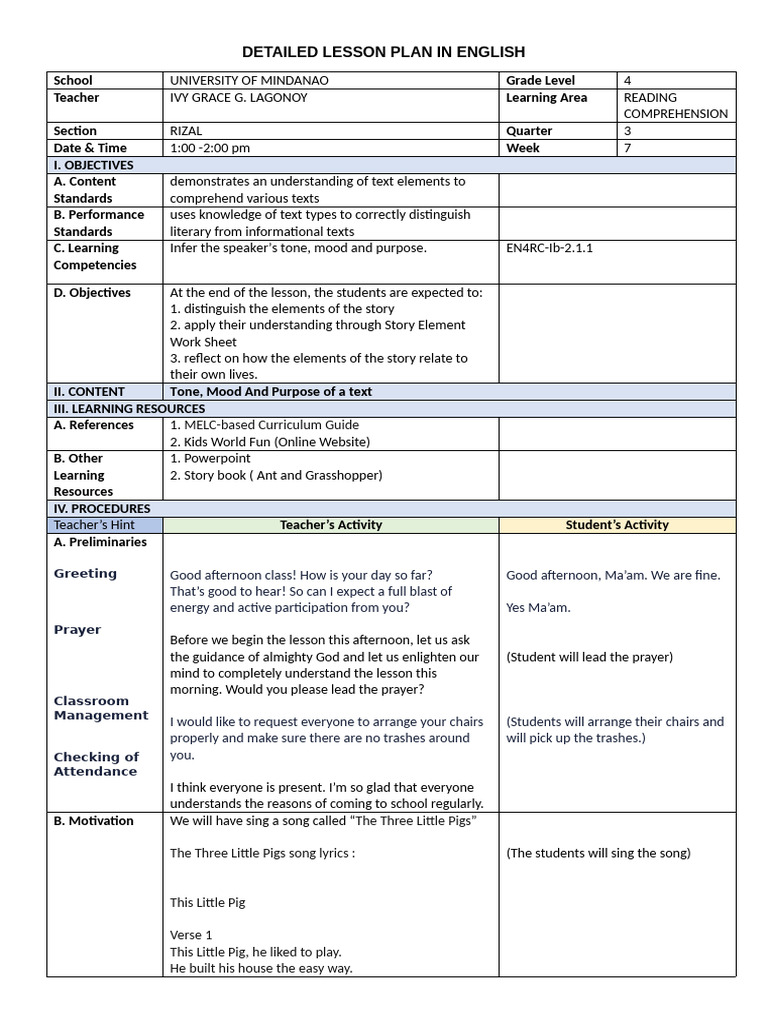 Tone Mood and Purpose Detailed Lesson Plandocx 1 | PDF | Concept ...