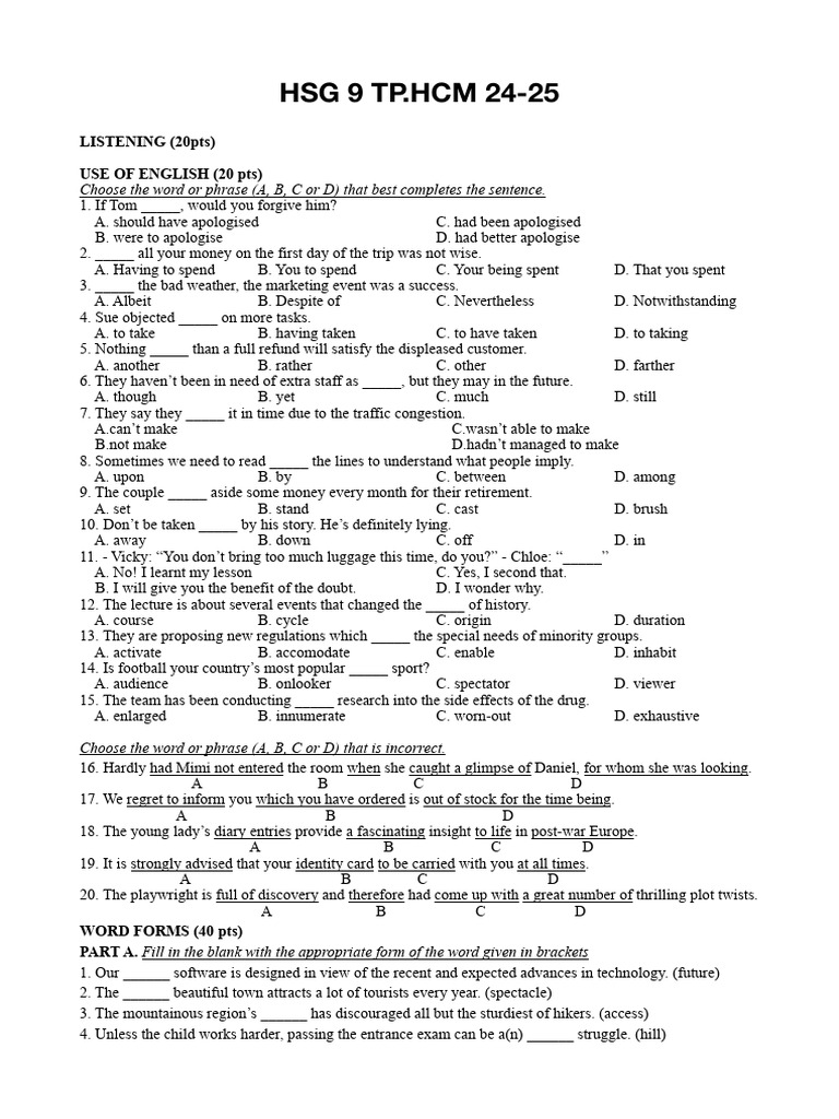 Đề thi HSG tiếng Anh 9 TPHCM 2024-2025 | PDF