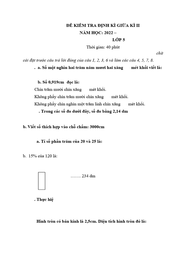 ĐỀ KIỂM TRA TOÁN 5 GK2 | PDF