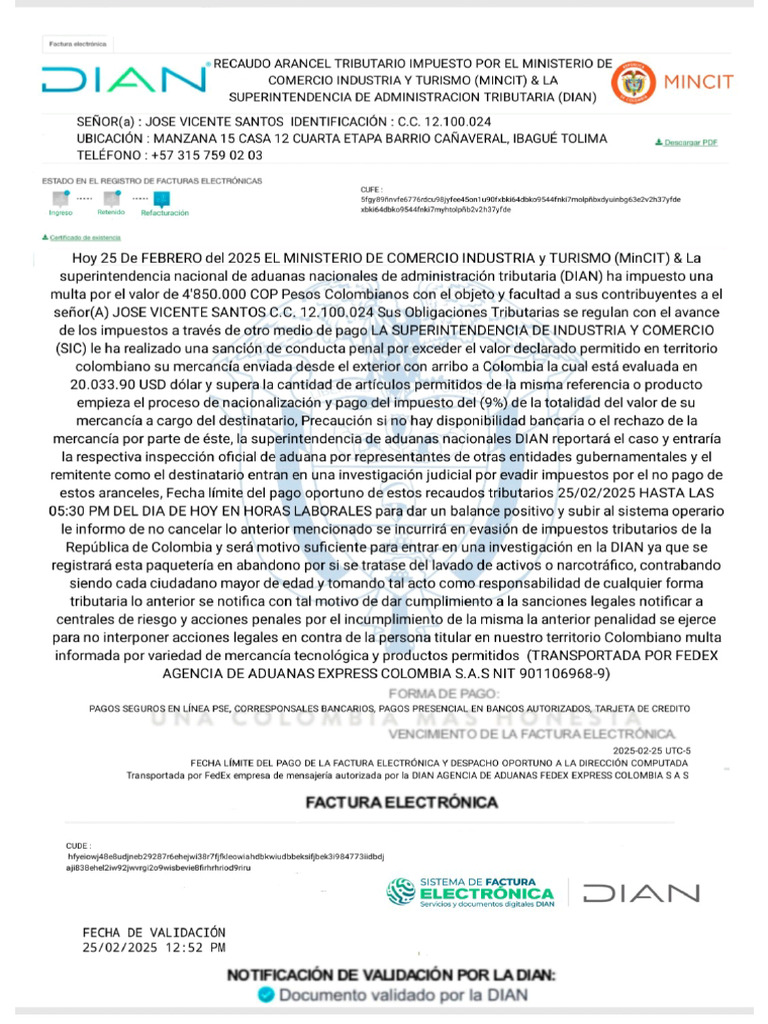 Dian-C C 12 100 024-Josevicentesantos-Impuestosnacionales (Mincit) | PDF