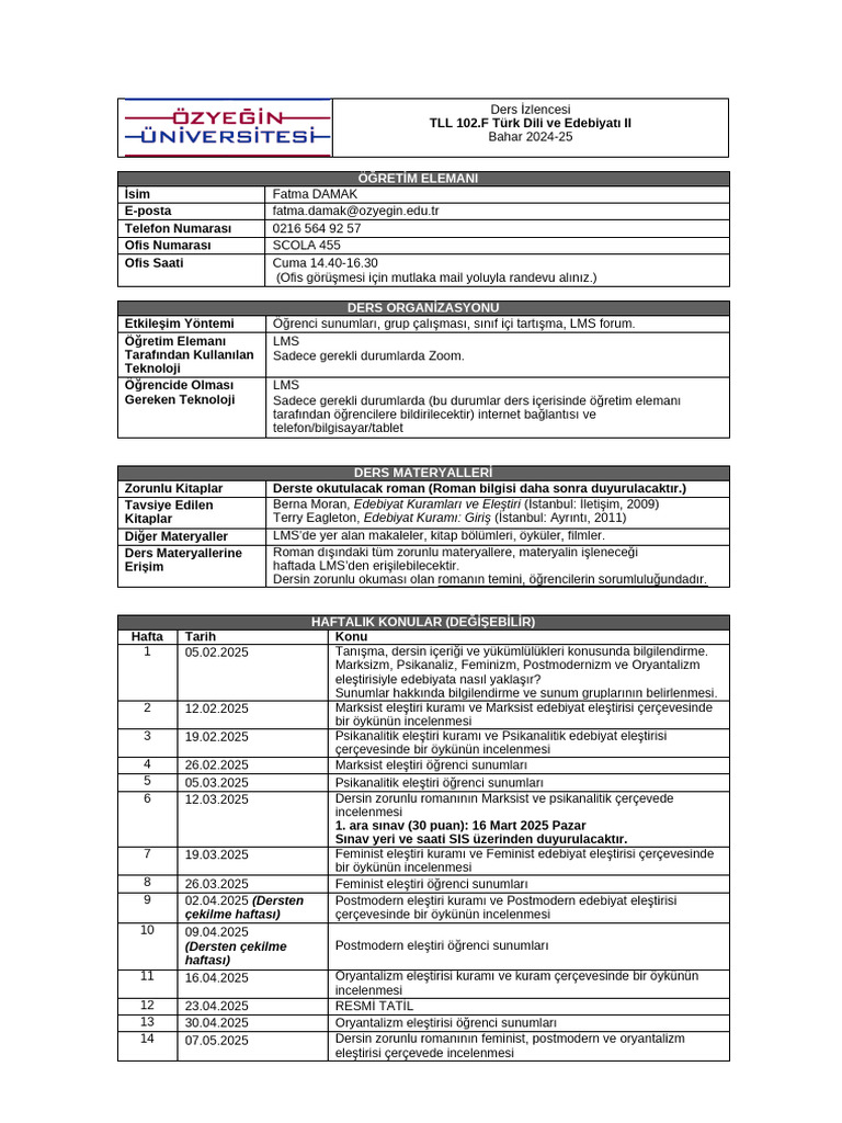 Fatma Damak - TLL 102.F Ders Programı - 2024-25 Bahar | PDF