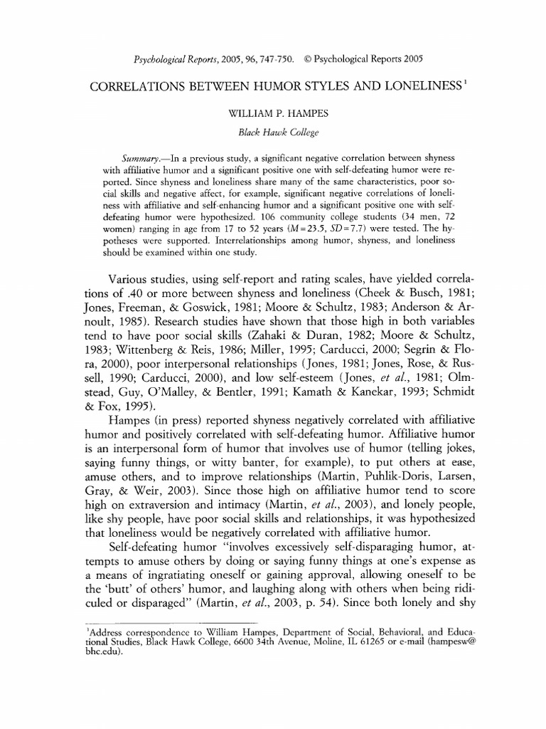 Humor Styles and Loneliness Correlations | PDF | Shyness | Humour