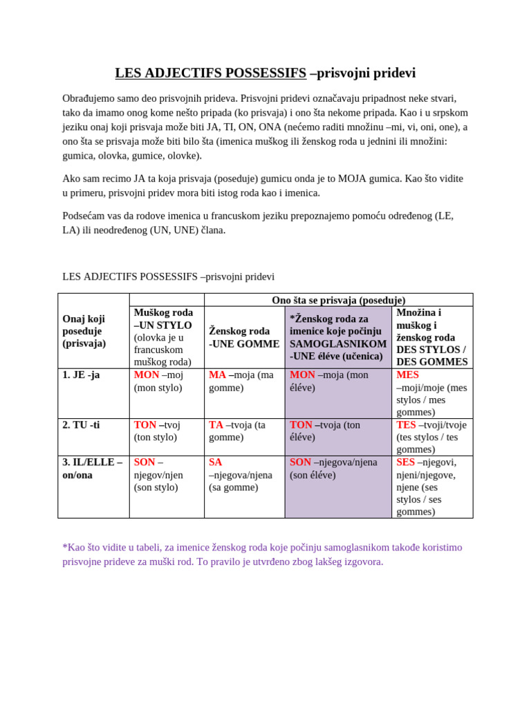 LES ADJECTIFS POSSESSIFS | PDF