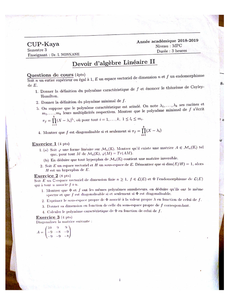 corection devoir algebre linéaire | PDF