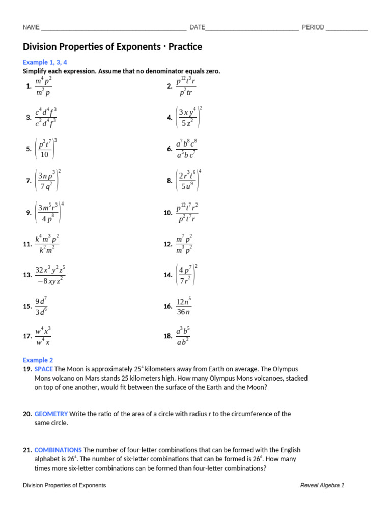 Division Properties of Exponents • Practice | PDF | Area | Equations