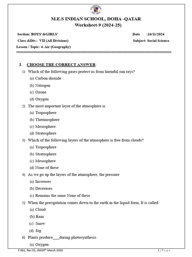 Social Science Worksheet on Air for Class VII | PDF | Atmosphere Of ...