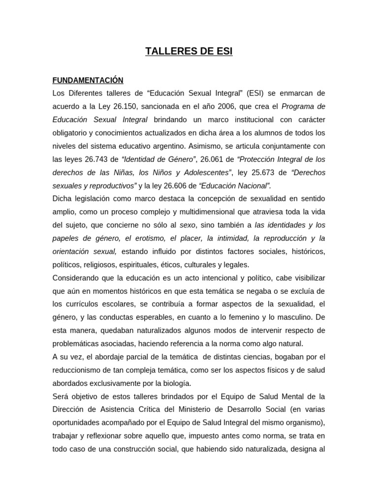 Fundamentacion-De-Talleres-De-Esi Meli Trupa | PDF | La sexualidad humana | Educación sexual