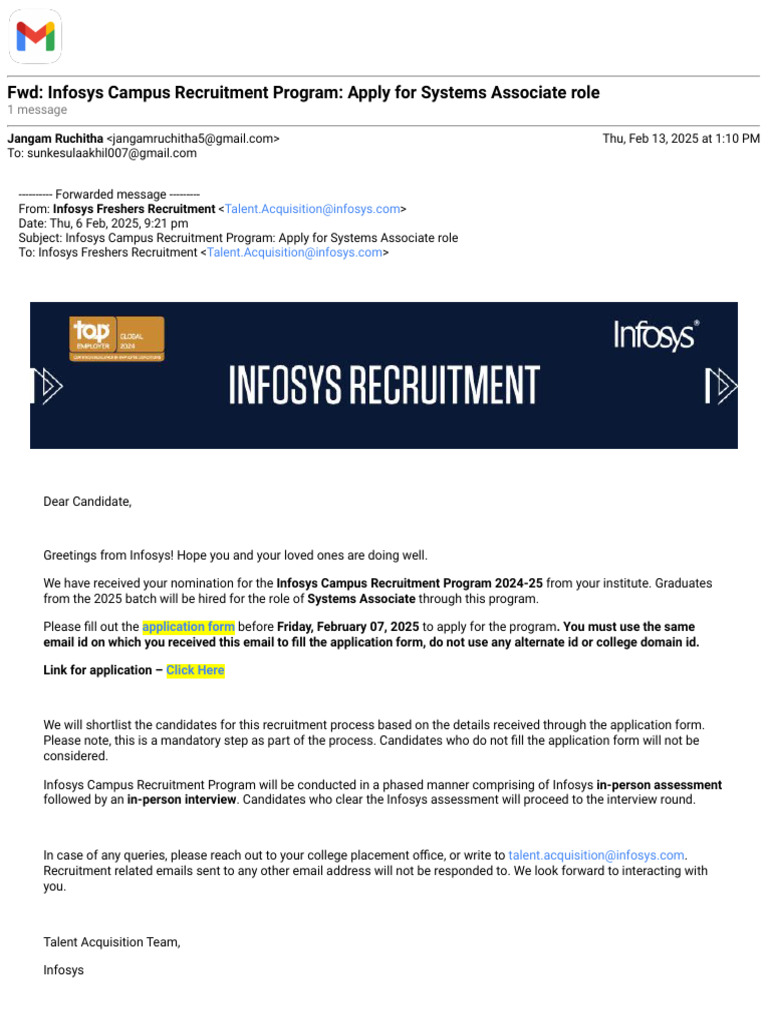 Infosys Systems Associate Application 2025 | PDF