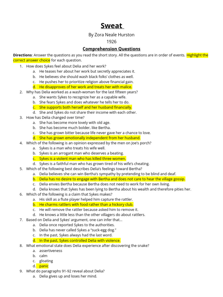 "Sweat" Comprehension Questions | PDF