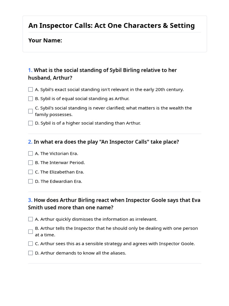An Inspector Calls Act One Characters Setting | PDF