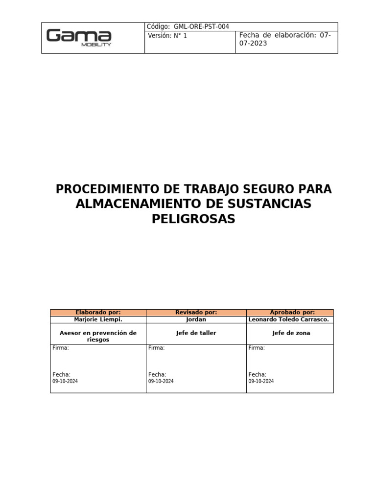 PROCEDIMIENTO Almacenamiento de Sustancias Peligrosas | PDF
