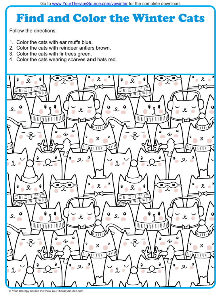 Winter Visual Perceptual Puzzle Freebie Find and Color the Winter Cats ...