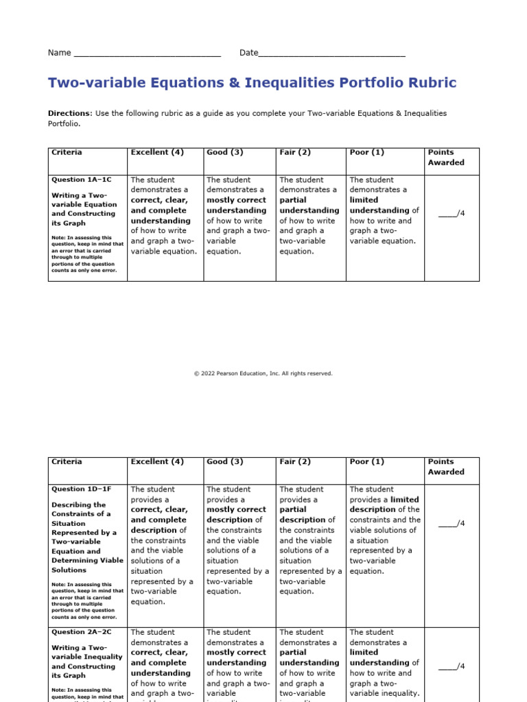 Two-Variable Equations and Inequalities Portfolio Rubric | PDF ...