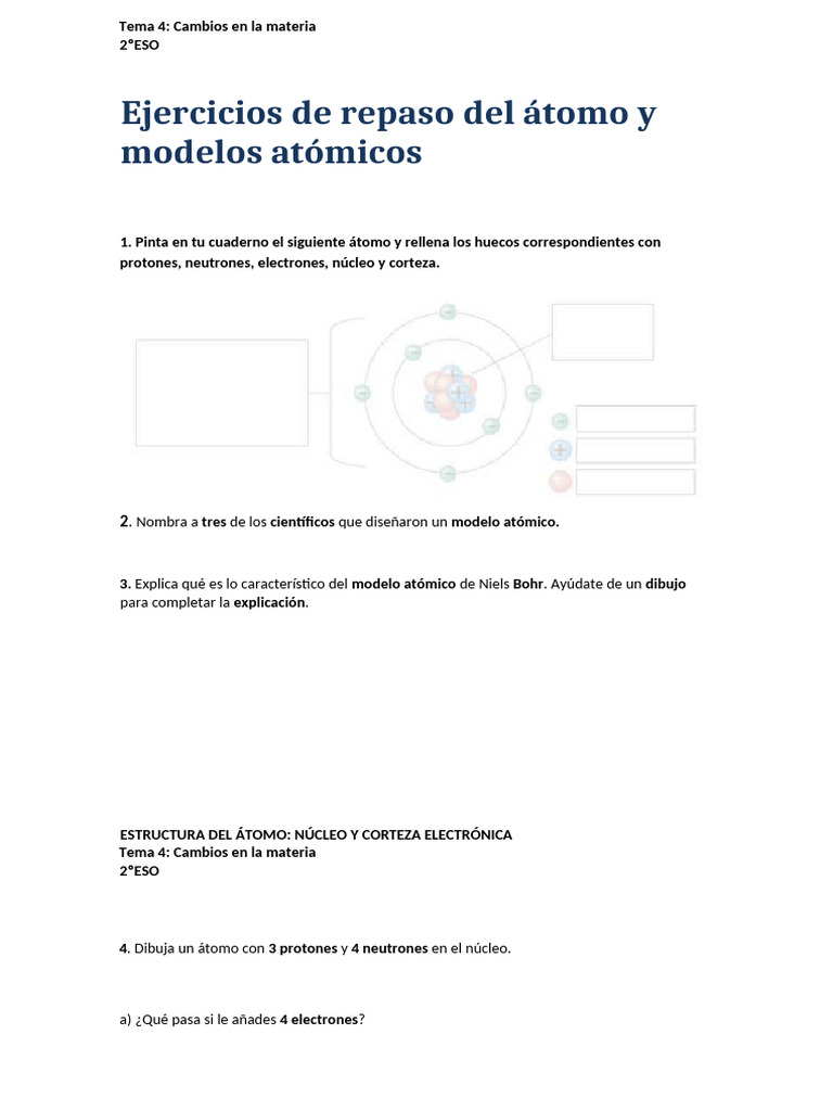 Ejercicios de Repaso Del Átomo, Subpartículas y Modelos Atómicos | PDF